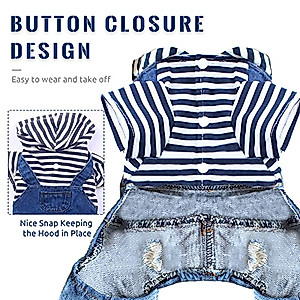 DOGGYZSTYLE Small Dog Hoodie Clothes Cute Stripe Shirts Denim Jumpsuit One-Piece Outfit for Small Medium Dogs Cats Boy Girl Chihuahua Blue Jeans Overalls Puppy Costume (Blue,XS)