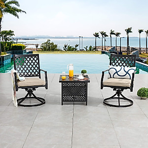 LOKATSE HOME 3 Pieces Patio Swivel Set Outdoor Metal Steel Furniture with 2 Dinning Chairs and Umbrella Side Square Table, Beige