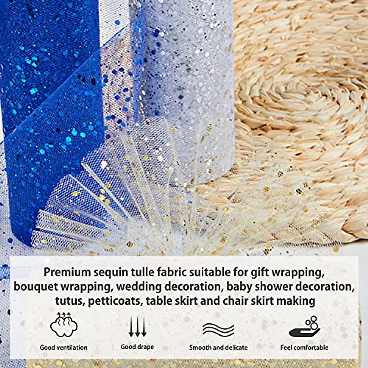 Glitter Tulle Fabric 6 Rolls 6 Inch by 60 Yards Total Sparkle Sequin Mesh Netting Fabric Ribbon Spool for Wedding Birthday Party Baby Shower Decorations DIY Tutus Petticoat Tulle Skirt Table Skirt