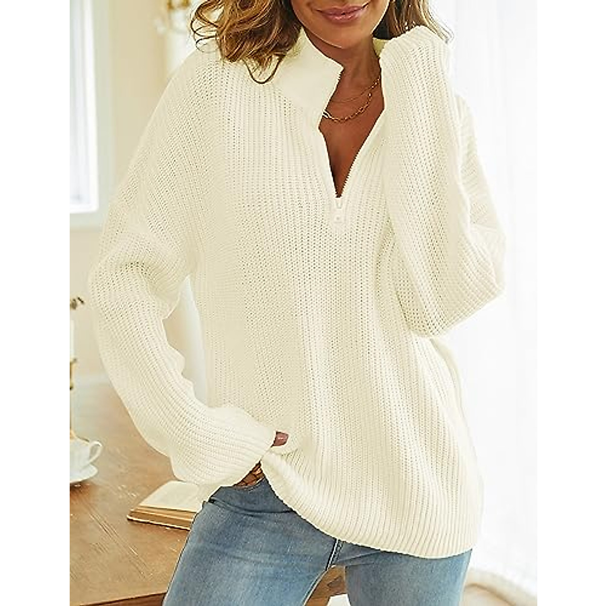 MEROKEETY Women's 2023 Long Sleeve Chunky Knit Sweaters 1/4 Zip Polo V Neck Casual Pullover Tops,Beige,M