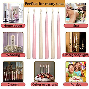 Princess 12 Pack Tall Taper Candles - 10 Inch 6 Ivory, 6 Pink Dripless, Unscented Tapered Candle - Paraffin Wax with Cotton Wicks - 7.5 Hour Burning time
