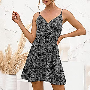 V-Neck Ruffled Dexy Suspender Floral Women's Summer Mini Dress Dress Women's Dress (Black, L)