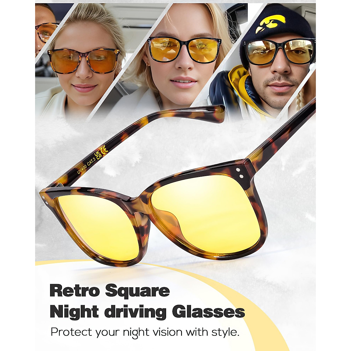 SIPHEW Night Driving Glasses for Women Men, Polarized Night Vision Glasses Anti-glare Yellow Tinted Lens for Nighttime/Foggy