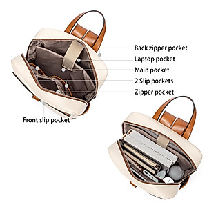 BOSTANTEN Leather Laptop Backpack for Women,15.6 inch Computer Backpack Purse College Daypack Work Travel Bag Beige-White