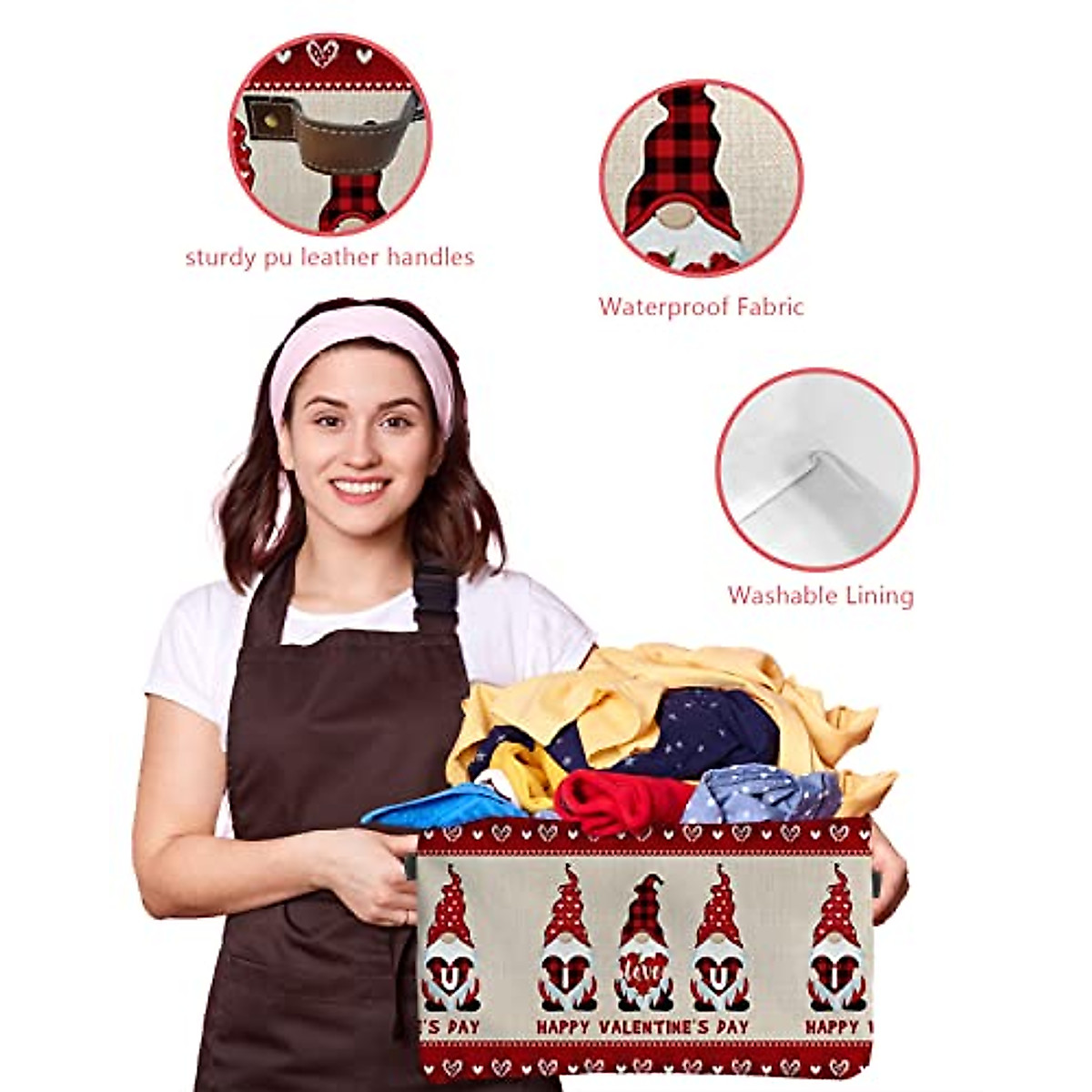 Valentine's Gnomes Storage Basket for Shelves, I Love You Gnomes on Burlap Textured Love Heart Roses Storage Cube Fabric Storage Bins, Closet Organizers with Handles for Book, Toys, 15x11x9.5 Inch