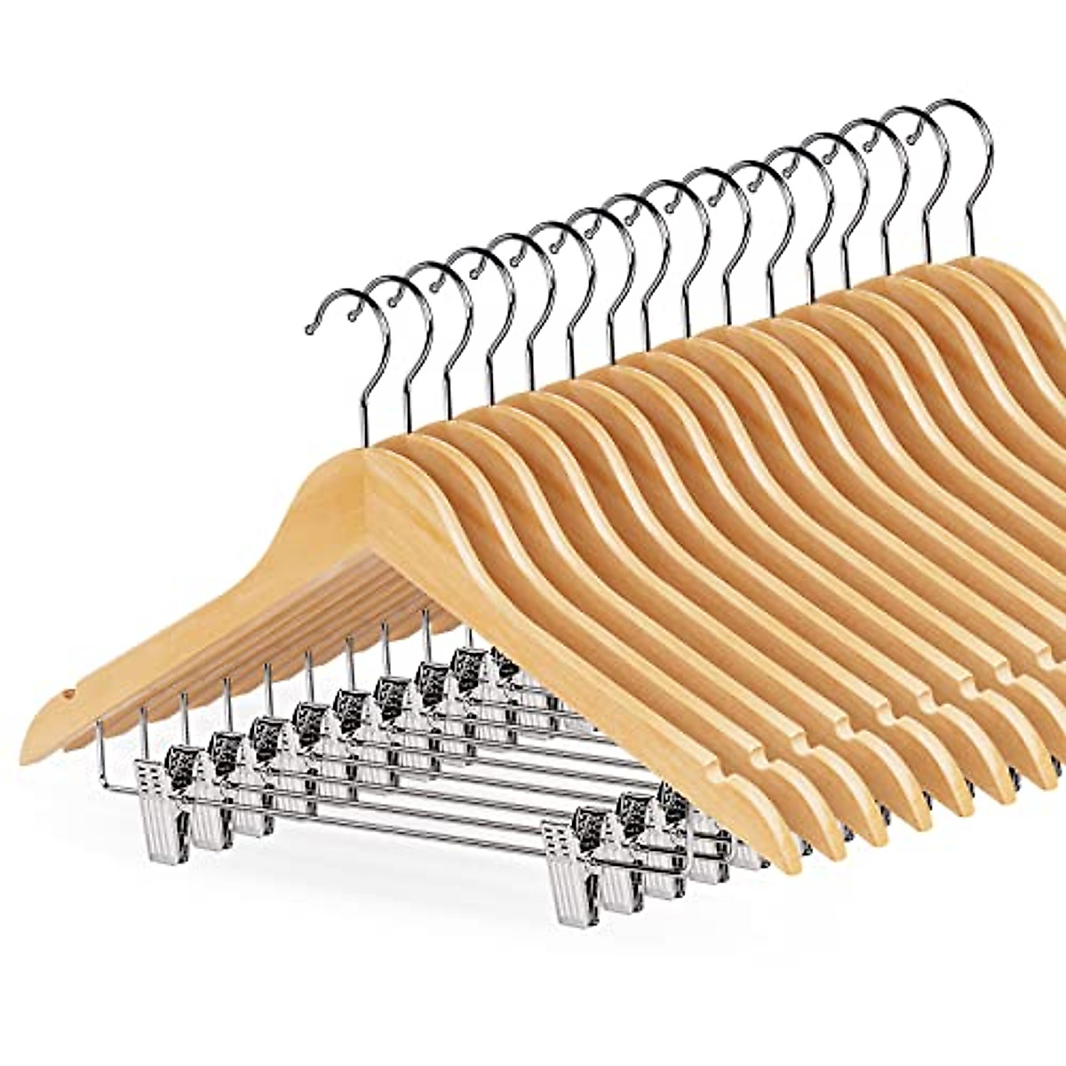 HOUÍSM 16Pack Wooden Hangers Skirt Hangers with Clips, Solid Wood Pants Hangers Natural Smooth Finish High-Grade Selected Wood Hangers with Sturdy Metal Clips for Blouse Dress Coat Jacket