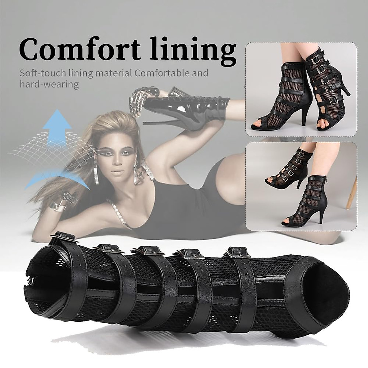 VCIXXVCE Women's Heels Dance Shoes Black with Zipper Peep Toe Rubber Sole Ballroom Salsa Ankle Dance Boots 3 1/3inch Heel,9 B(M) US