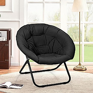 Grezone Folding Saucer Chair, Oversized Lazy Moon Chair with Metal Frame, Comfy Bedroom Chairs for Bedroom, Living Room, Study Black JC