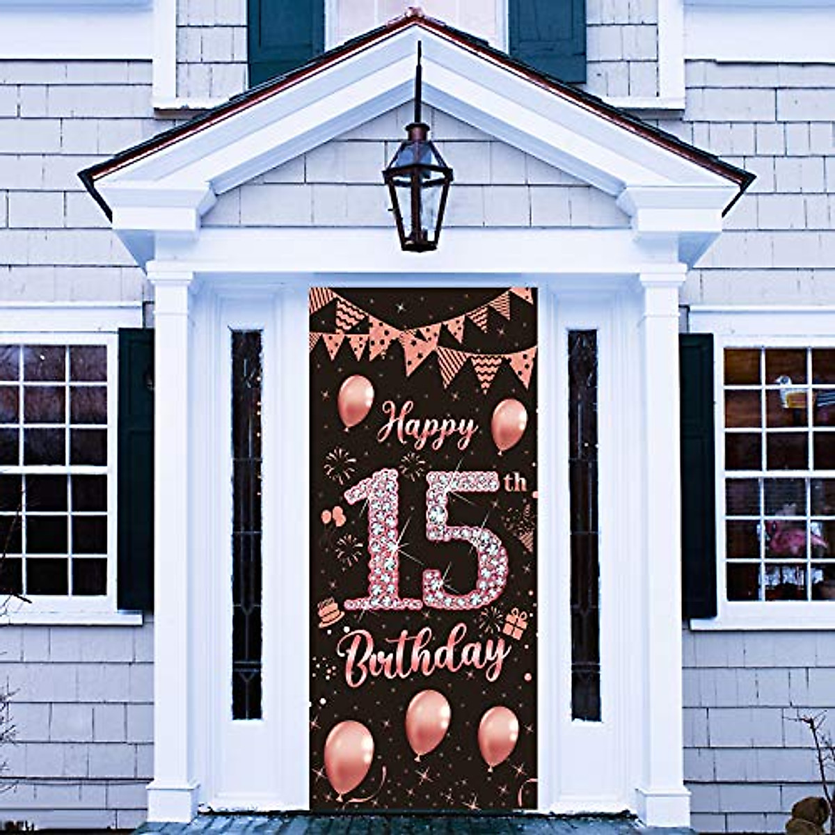Lnlofen 15th Birthday Door Banner Decorations for Girls, Large 15 Year Old Birthday Party Door Cover Backdrop Supplies, Rose Gold Happy 15th Birthday Poster Sign