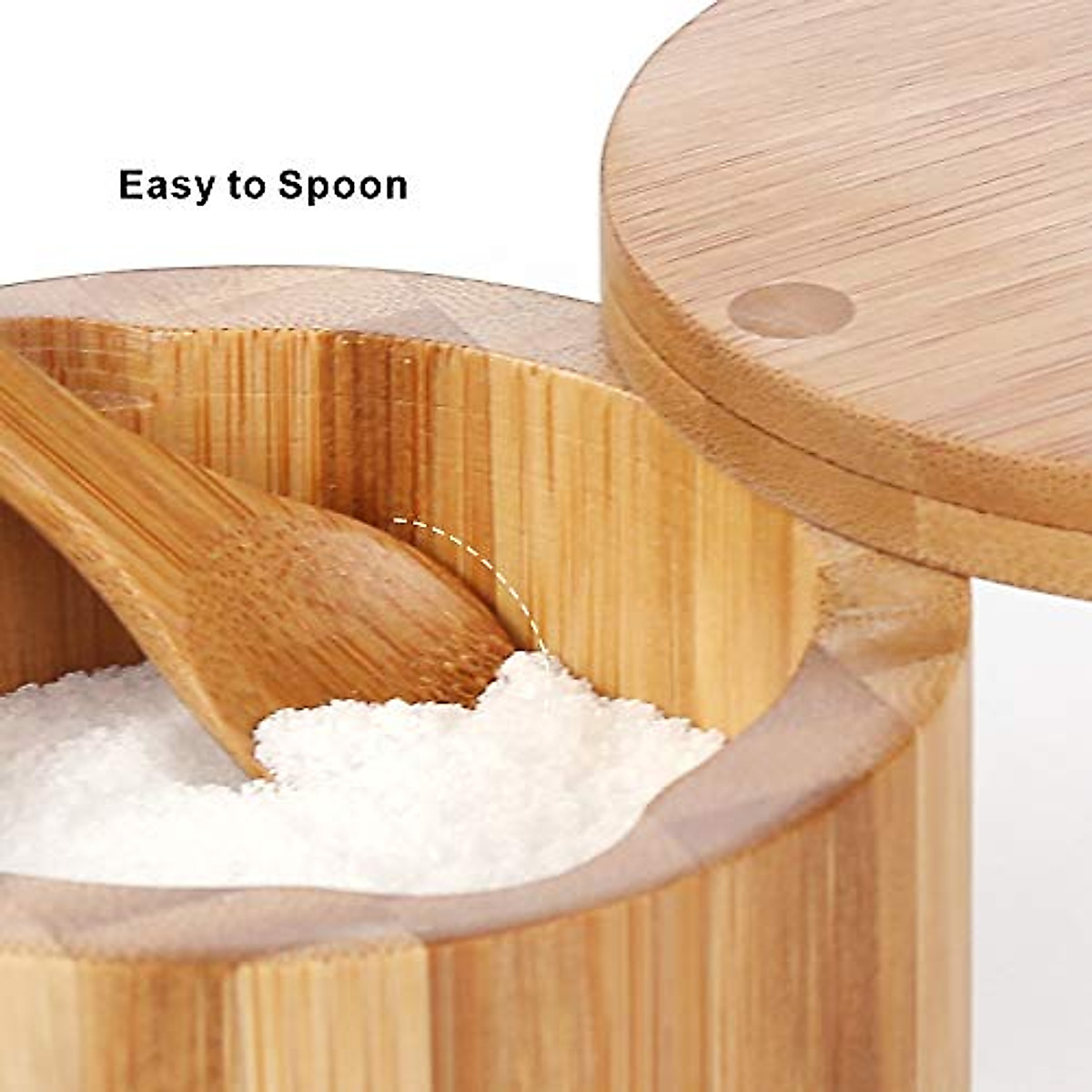 KITCHENDAO Bamboo Salt Cellar Bowl Box Container with Built-in Spoon to avoid Dust, Elegant Kitchen Salt Dish Holder Saver Jar with Swivel Magnetic Lid to Storage Pepper Spice Bath Salt Sea Salt, 6OZ
