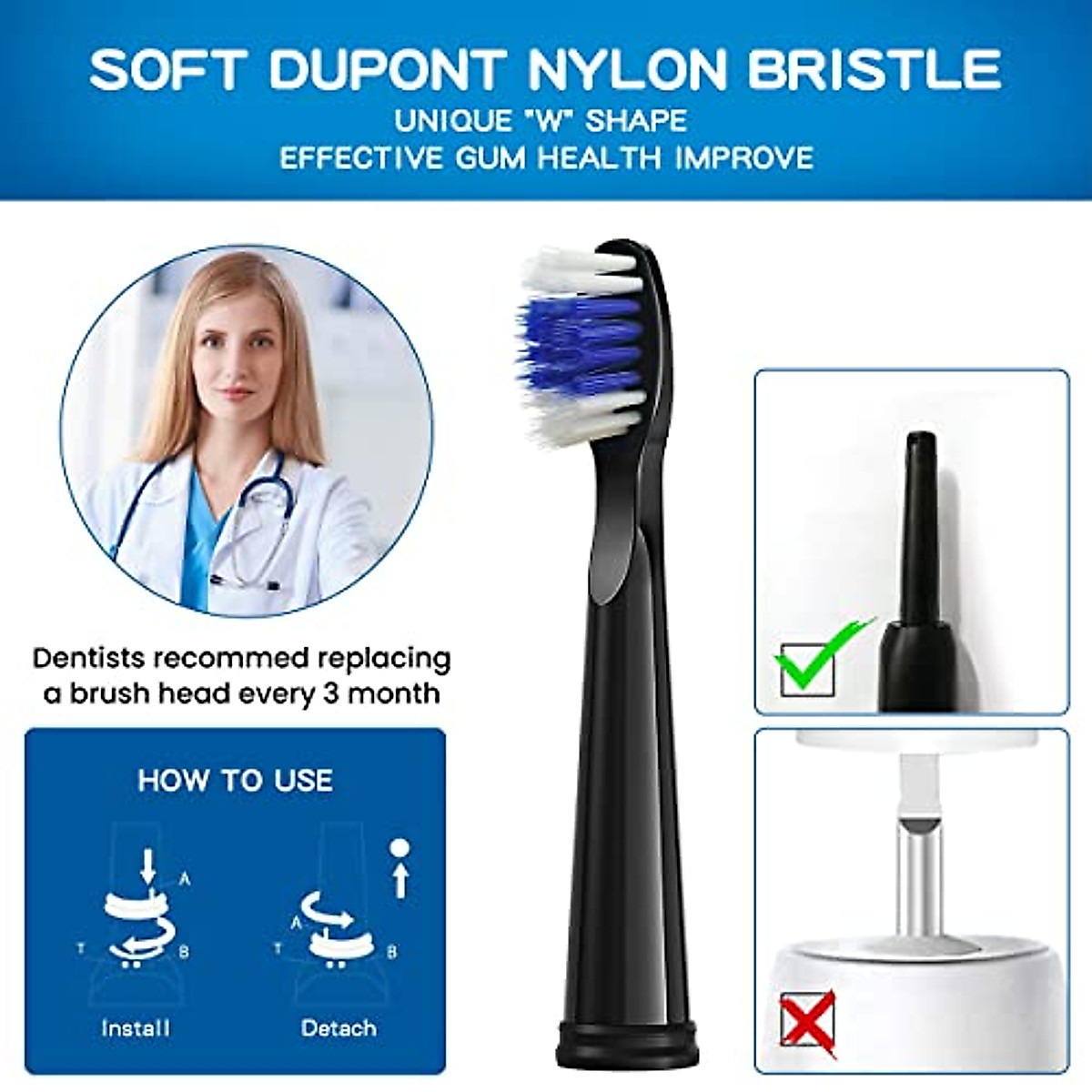 Electric Toothbrush Replacement Heads Compatible with Fairywill Electric Toothbrush FW-507/508/515/551/917/959/2011/D1/D3/D7/D8 Soft Toothbrush Heads Black 5 Pack