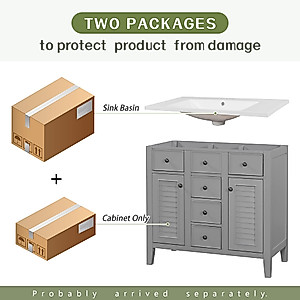 Entcook 36" Bathroom Vanity with Top and Sink, Single Vanity with 2 Cabinets and Five Drawers, Solid Wood Frame, Solid Wood Bathroom Cabinet with Ceramic Sink