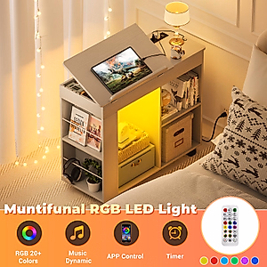 Cyclysio Adjustable End Table, Mobile Side Table with Power Outlets, 3-Tier Laptop Table with Adjustable Top Board, Storage Bedside Table with LED Lights, Rolling End Table, Livingroom, Bedroom, Grey