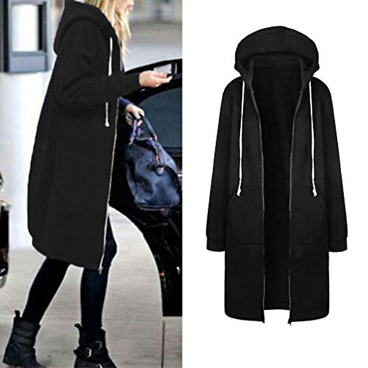 Zip Up Hoodies Women's Casual Long Tunic Sweatshirt Fall Winter Windproof Drawstring Hooded Jacket Outerwear with Pockets