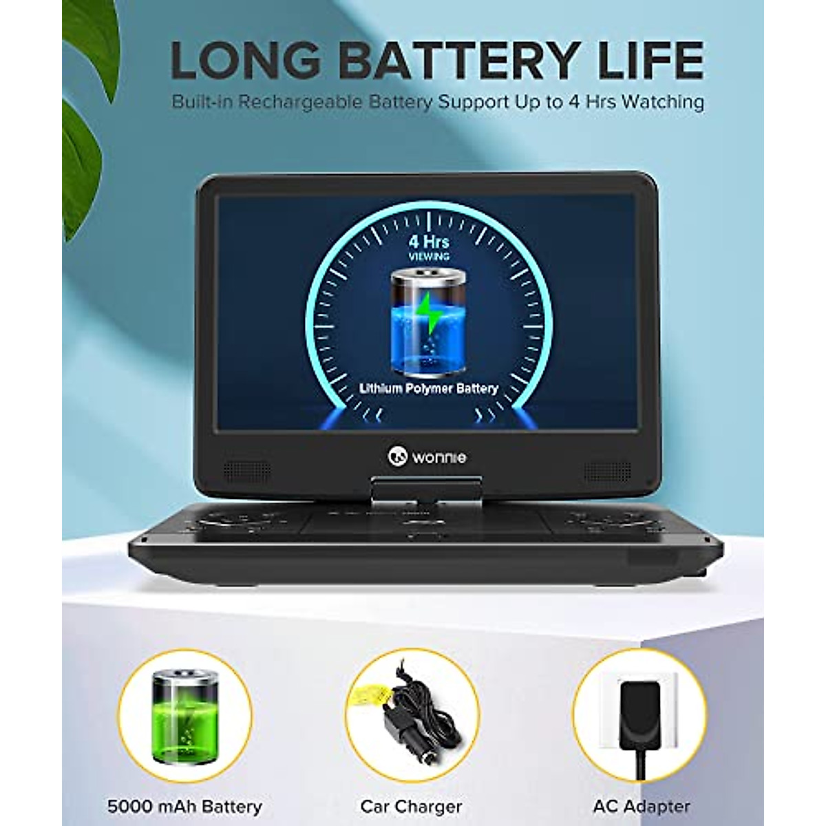 WONNIE 16.9" Portable Blu-Ray DVD Player with 14.1" 1080P Full HD Large Screen, Dolby Audio, 4 Hrs Rechargeable Battery, Support HDMI Out, AV in, USB/SD Card, Last Memory