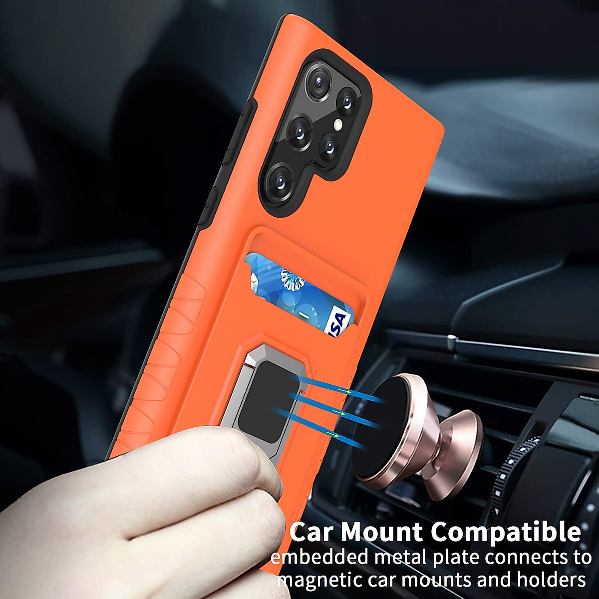 CoverON Designed for Samsung Galaxy S22 Ultra Case, Card Slot KickStand Ring Rugged Phone Cover - Orange