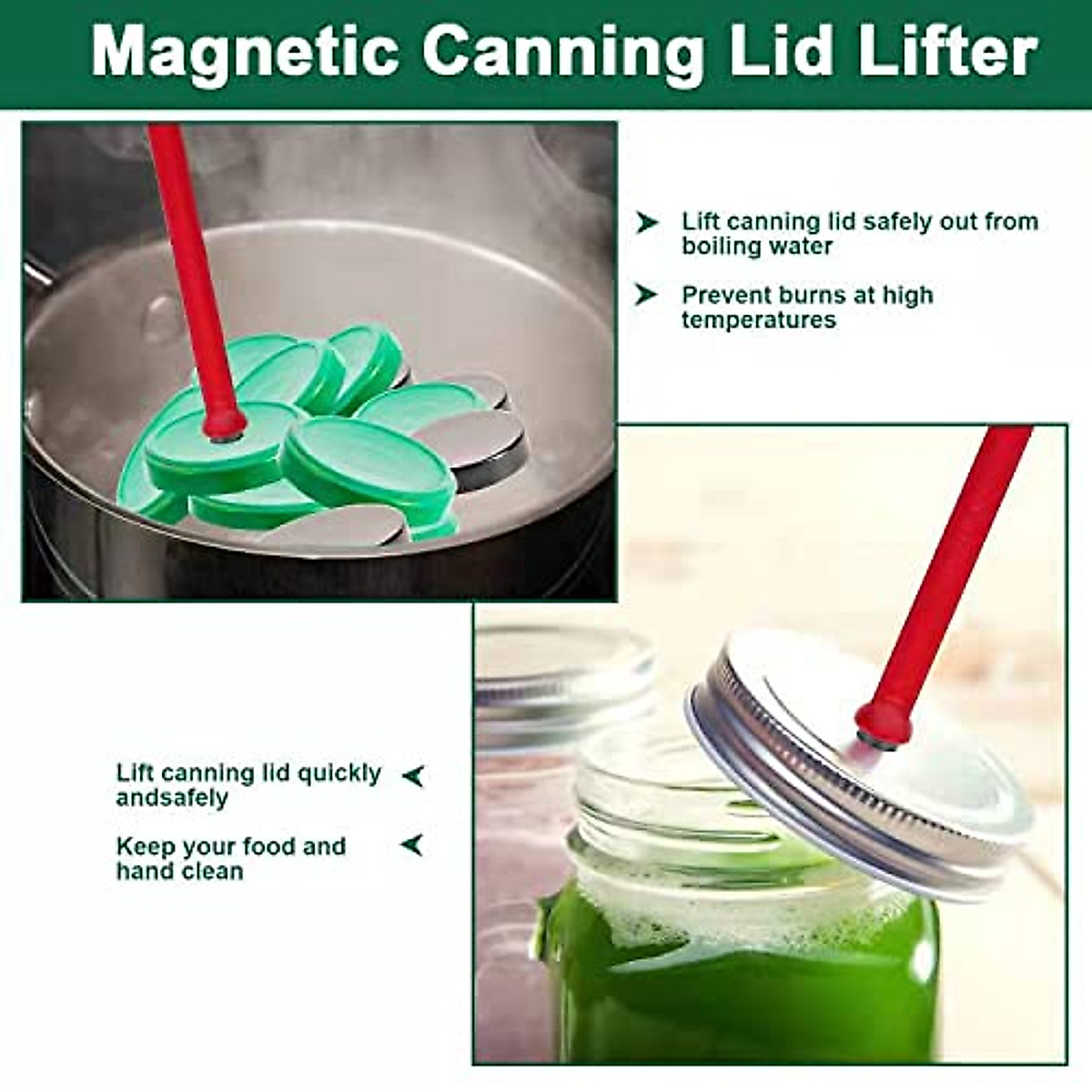 Catcan 4 PCS Canning Tools and Equipment Include 2 Pack Canning Magnetic Lid Lifter with 2 Pack Canning Bubble Popper Heat Resistant Home Easy Canning Kits (Red+Green)