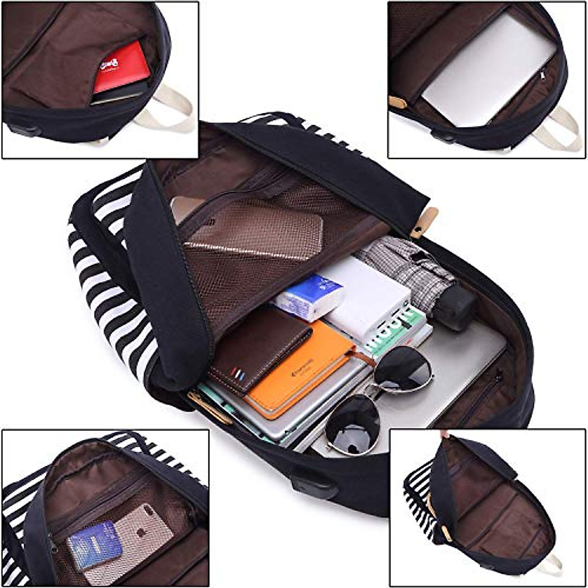 EZYCOK School Backpack for Teen Girls Women with USB Charging Port, Lightweight Canvas Backpack College Bookbag with Lunch Bag and Pencil Case, Black