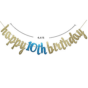 Happy 10th Birthday Glitter Garland Banner-Happy 10th Birthday Party Supplies (Gold & Blue)