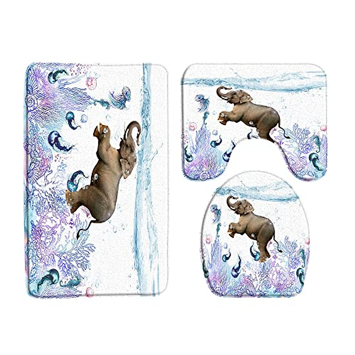 EUBTPA 4 Pcs Funny Elephant Shower Curtain Set with Rugs(Bath Mat,U Shape and Toilet Lid Cover Mat) and Hooks, Teal Coral Underwater Marine Life Animal Bathroom Decor