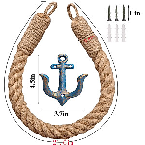 Agolla Nautical Toilet Paper Holder, Rustic-Industrial Wall-Mounted Beach Themed Rope Towel Ring with Metal Hook for Bathroom Decor (Blue)