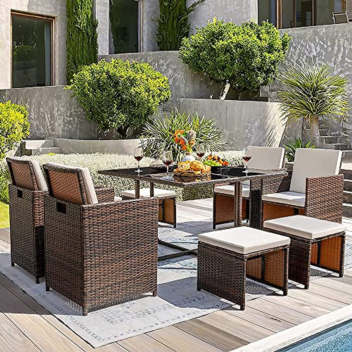 Devoko 9 Pieces Patio Dining Sets Outdoor Space Saving Rattan Chairs with Glass Table Patio Furniture Sets Cushioned Seating and Back Sectional Conversation Set (Beige)