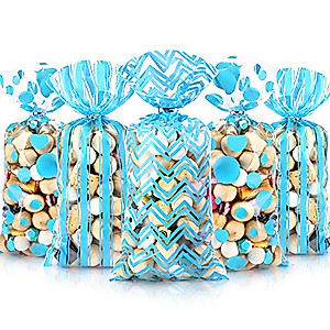 105 PCS Baby Shower Cellophane Treat Bags, Gender Reveal Candy Bag Polka Dot Stripes Printed Plastic Goodie Favor Bags with 100 Silver Twist Ties for Christmas Birthday Party Decor(Blue)