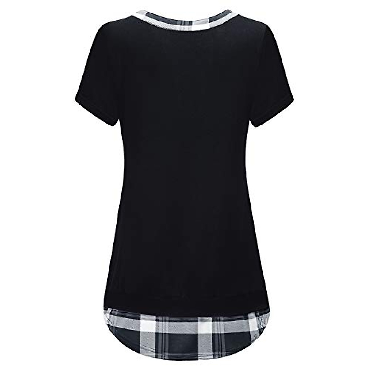 Tunic Shirts for Women Short Sleeve,Flattering Contrast Check V Neck Blouse Modest Youth Henley Tops Hi-Low Hem Casual Business Work Flowy Shirts Wear with Leggings Pullover Tunic Black Large