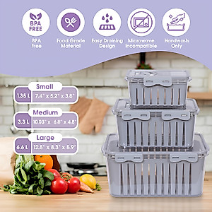 Frovita 3PCS Fruit Containers for Fridge - Airtight Fruit Storage Containers for Fridge with Lids and Strainers - Food Organizer Containers Colander with Built in Month and Date Tracker