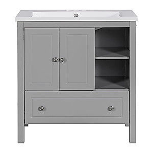 LUMISOL 30" Bathroom Vanity with Sink, Modern Bathroom Vanities with Soft-Closing Doors and Storage Drawer, Solid Wood Bathroom Cabinet with Ceramic Sink, Grey