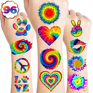Tie dye Temporary Tattoos Birthday Themed Party Supplies Decorations Favors 8 Sheets 96PCS Colorful Decor Cute Stickers Tattoo for Class School Prizes Gift for Kids Boys Girls Carnival Rewards