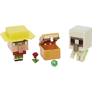 Minecraft Mob Head Minis Villager Guarding Iron Golem Pack with 2 Action Figures & Accessories, Incudes Authentic Pixelated Video-Game Characters Steve & Spider, Age 6 Years & Older
