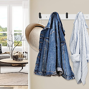 Coat Hooks Wall Mounted Coat Rack, 16.7'' Long, Entryway Hanging Coat Rack, White Wood Coat Rack with 5 Black Literary Rustic Hooks, Wooden Decorative Hooks Rail for Coat, Scarf, Bag, Towel, Hat