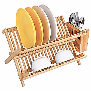 Lawei Bamboo Dish Drying Rack with Utensil Holder - Collapsible Dish Drainer Foldable Dish Rack Bamboo Plate Rack for Plates, Cups, Mugs, Utensil, Flatwares