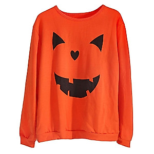 Women's Halloween Pumpkin Face Long Sleeve Sweatshirts Lightweight Casual Pullover Tops (XXL, Orange)