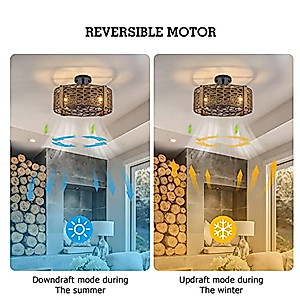 Farmhouse Caged Ceiling Fan with Lights Remote Control, Low Profile Bedroom Ceiling Fans, Industrial 17 Inch Ceiling Fans for Kitchen, Bedroom, Dining Room