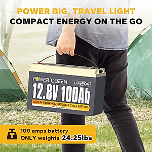 Power Queen 12V 100Ah LiFePO4 Battery, 1280Wh Lithium Battery with 100A BMS, Up to 15000 Rechargeable Cycles, Support in Series/Parallel, Perfect for RV Camping, Trolling Motor, Solar Power Storage