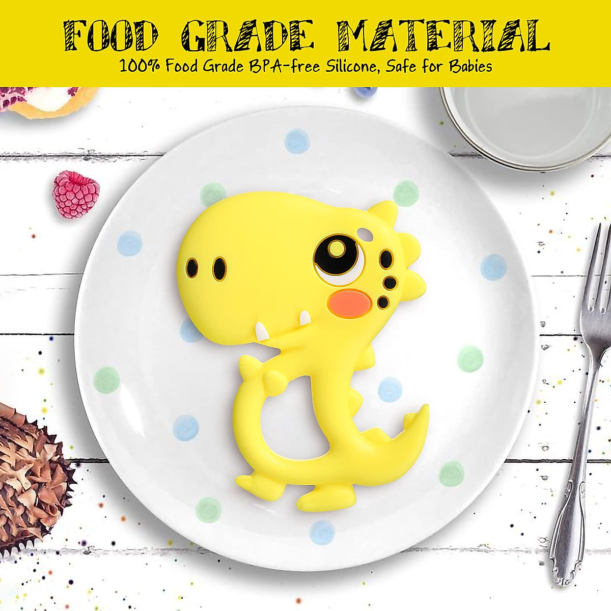 BBBiteMe Baby Teething Toys Silicone Dinosaur Baby Teethers for Babies 0-6, 6-12 Months, BPA-Free Teether Gifts Baby Shower Toy for Toddlers and Infants(Yellow)