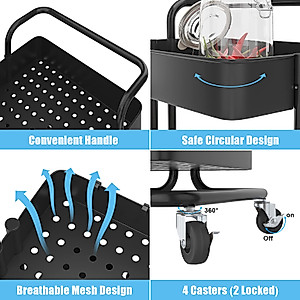 Devo 4 Tier Utility Rolling Cart, Heavy Duty Storage Cart, with Handle, 4 Side Hooks, 2 Storage Cups and Lockable Wheels, Organizer Cart for Bathroom Kitchen Office Classroom, Black