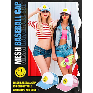 Cozypower 2 Pcs Smile Face Baseball Cap Smile Trucker Hat Mesh Adjustable Baseball Cap Retro Preppy Hats for Women(Blue, Pink, White)