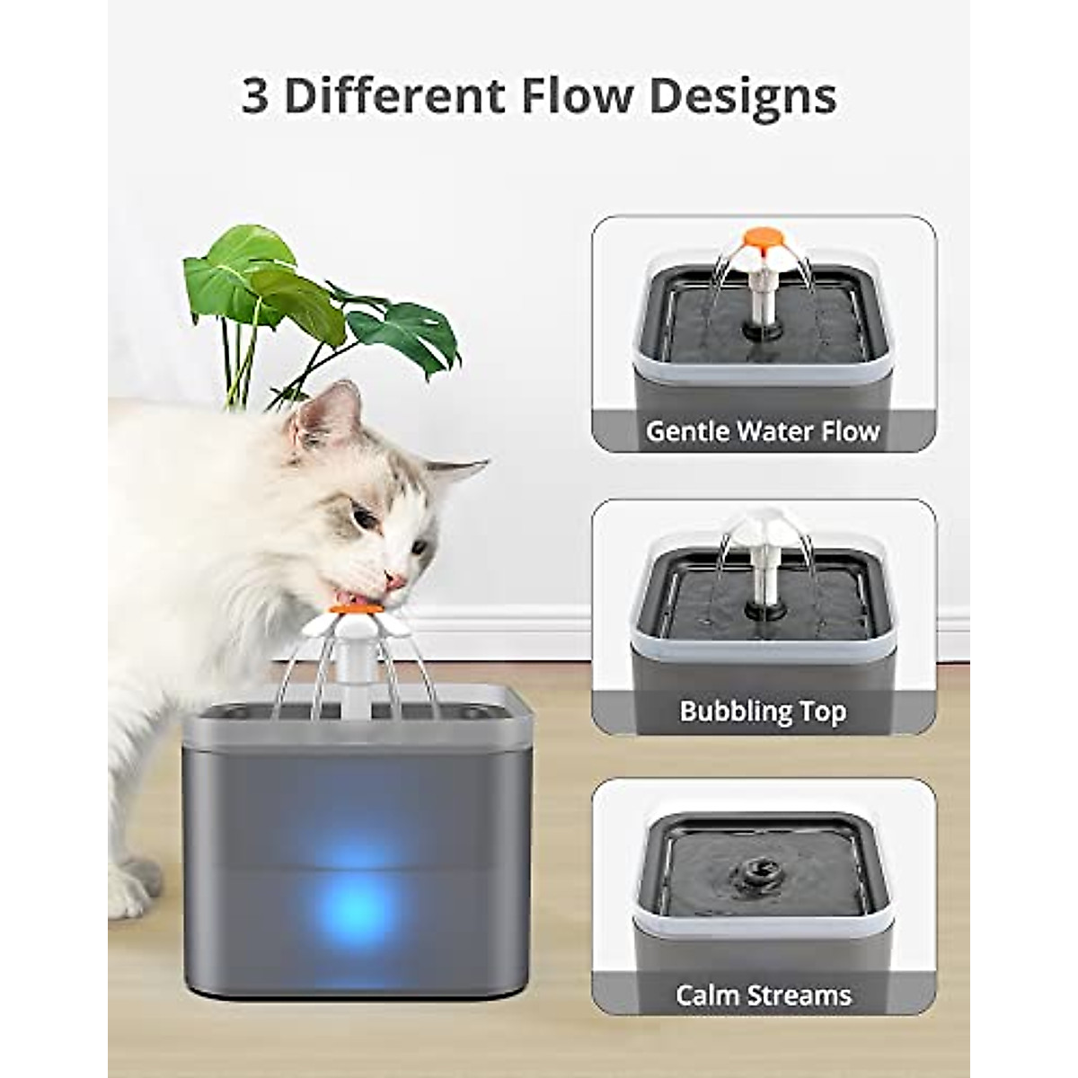 NICREW Cat Water Fountain, Ultra Quiet Cat Fountain with LED Light, 2L Capacity Pet Water Fountain with Filter, Automatic Drinking Water Dispenser for Cats and Dogs, Grey