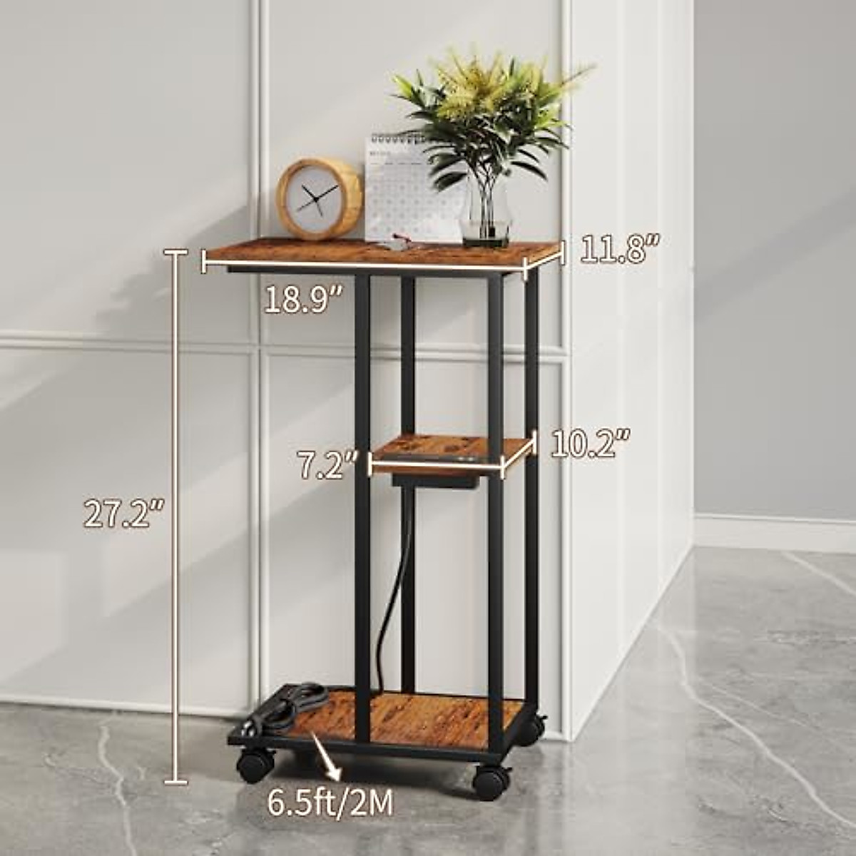 Homsorout C Shaped End Table - C Table on Wheels - Bedside Table with Wheels, Power Outlet and USB - Sofa Table for Living Room, Bedroom, Small Spaces - 27.2'' High, Brown
