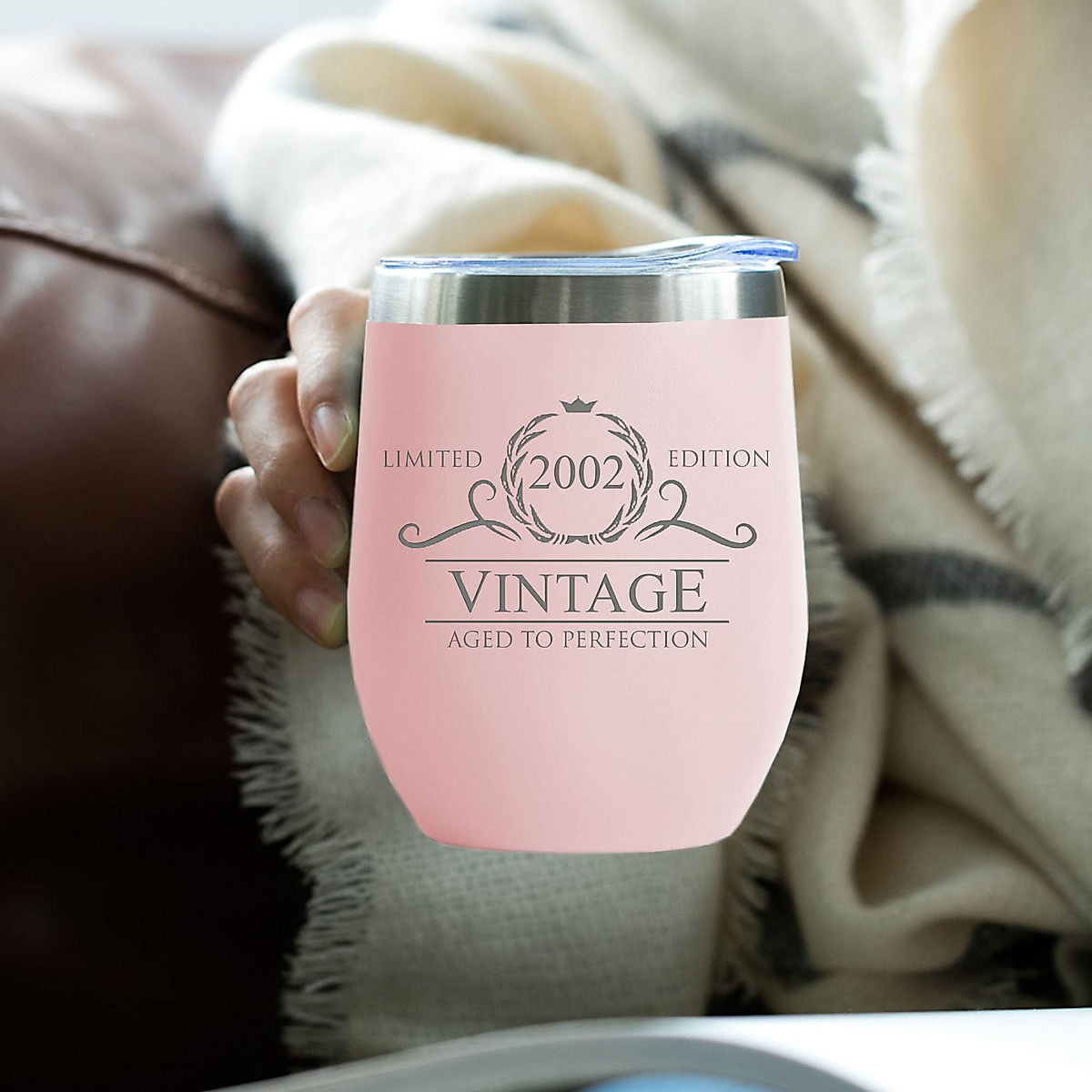 21 Year Old Birthday Gifts for Her - 2002 12 oz Blush Stemless Wine Tumbler - 21 Birthday Gifts for Her Him - 21st Birthday Gifts for Her - 21st Birthday Decorations for Her - 21 Glasses Birthday