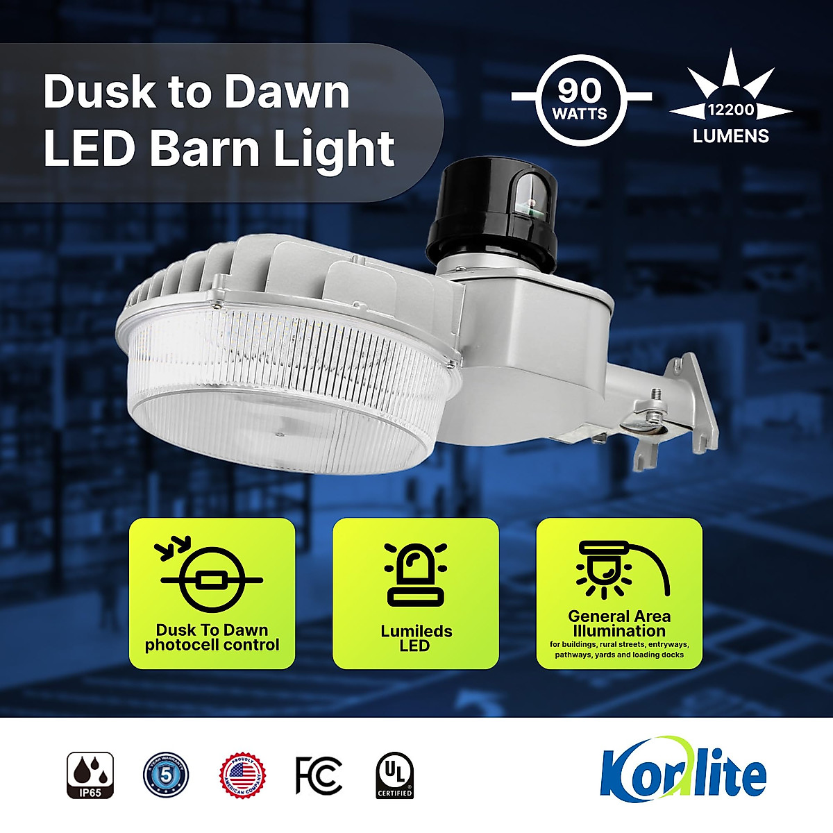 Konlite - 90W Dusk to Dawn LED Outdoor Light, Outdoor Commercial Roadway, Barn, Yard Lights & More, High-Output, Energy-Efficient Dusk Till Dawn LED Outdoor Lights, 11500LM, 5000K Daylight, UL