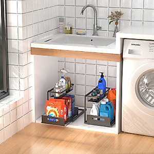 Sealegend Pull Out Under Sink Organizer L-shaped Bathroom Organizer 2 Tier Storage Under Cabinet for Bathroom Kitchen Sliding Shelf Multi-Purpose Storage Shelf Black