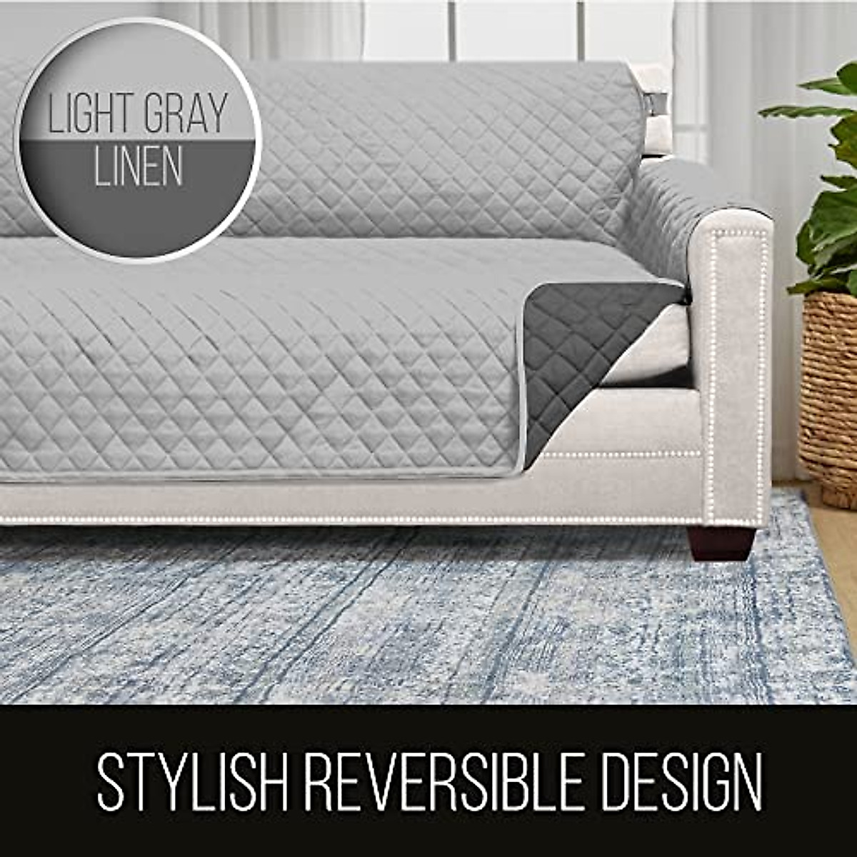 Sofa Shield Patented Couch Cover, Large Furniture Protector with Straps, Reversible Tear and Stain Resistant Slipcovers, Quilted Microfiber 70” Seat, Washable Covers for Dogs, Kids, Lt Gray Charcoal