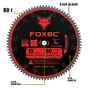 FOXBC 10-Inch Saw Blade 80-Tooth TCG for Aluminum and Non-Ferrous Metal & Plastic Cutting with 5/8-Inch Arbor