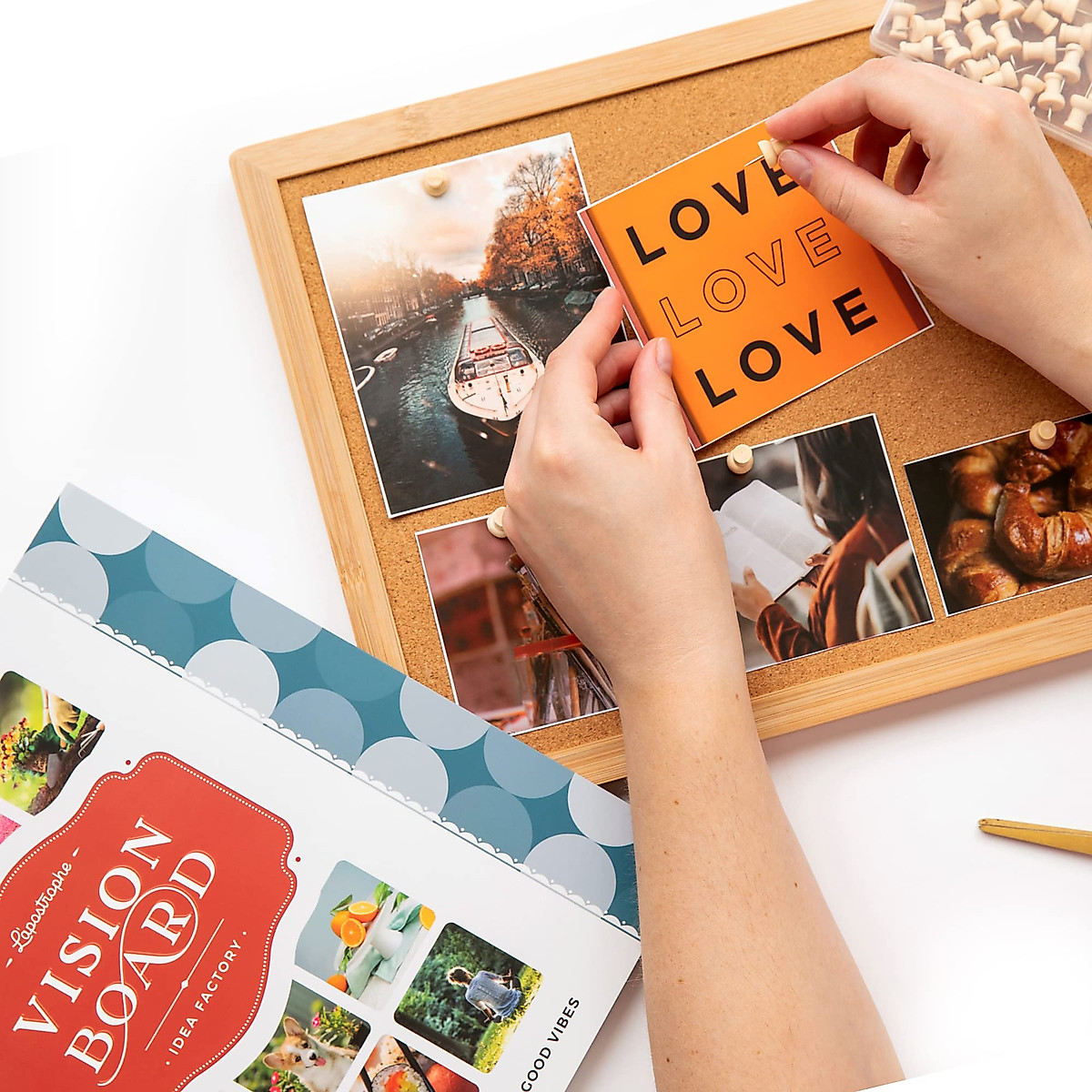 3-in-1 Vision Board Kit - Clip Art Book, Cork Board, Push Pins - A Complete Mood Board Set for Scrapbooking - Collage Journal - Goal Pictures and Quotes - Scrapbook Supplies (by L’Apostrophe)