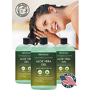 First Botany, Aloe Vera Gel from 100 Percent Pure Aloe Infused with Tea Tree Oil - Natural Raw Moisturizer for Hand Sanitizing Gel, Skin Care, Hair Care, Sunburn, Acne & Eczema -16.9 fl oz | 500 ml