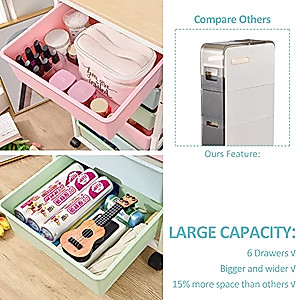 TOOLF Rolling Storage Cart with 6 Drawers, Wooden Tabletop, Easy Movement, Large Capacity, Durable Construction & Colorful Style in White Bar